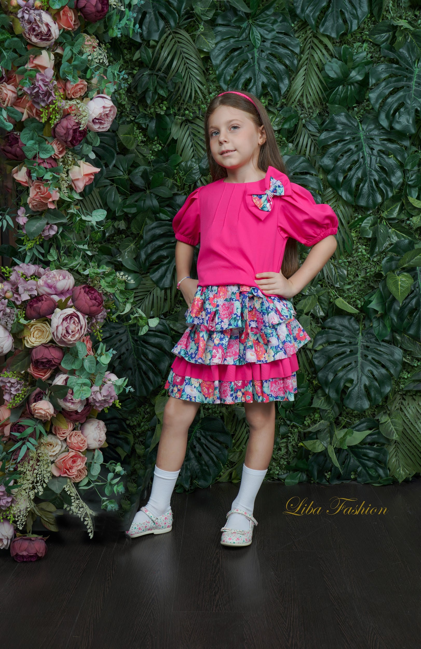 Rania Pink Top and Multicolor Flower Skirt for Girls – Liba Fashion