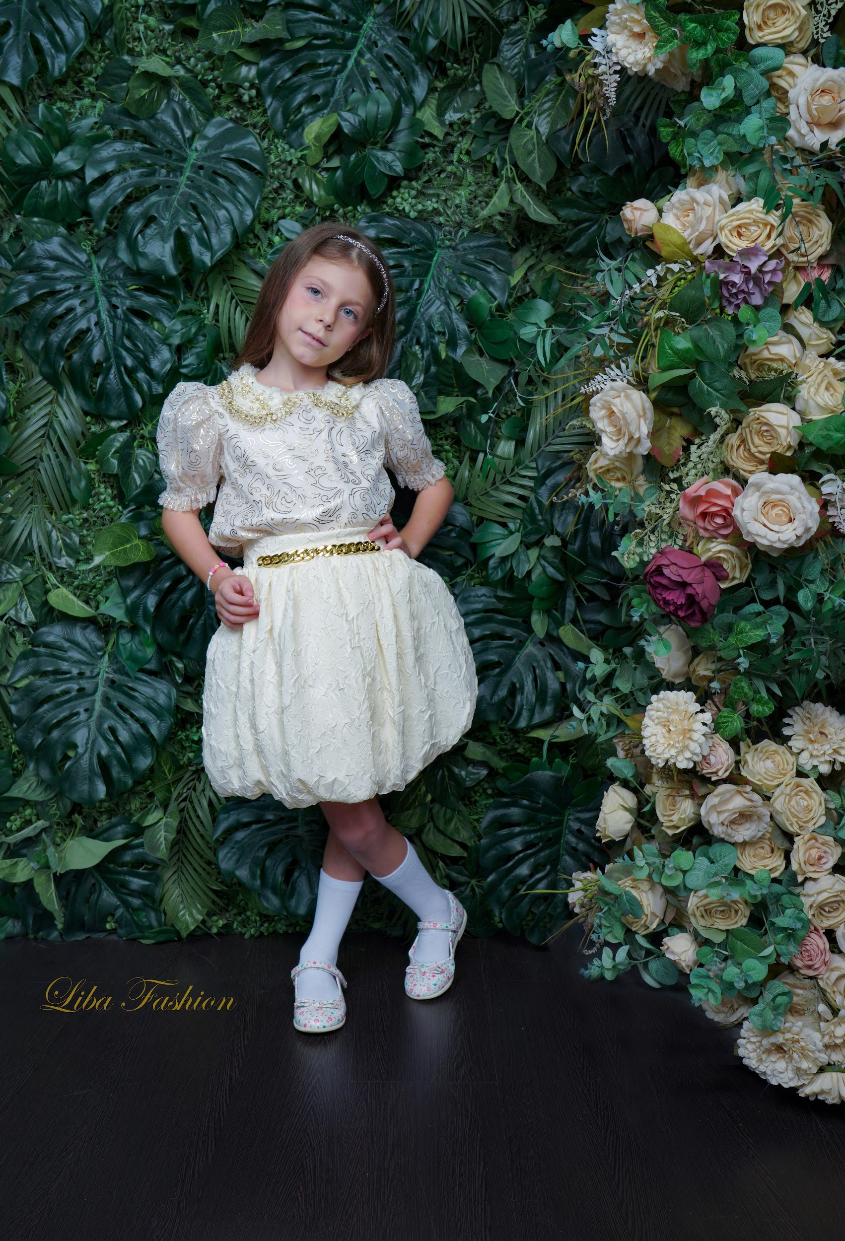 130 - Beige Puff Sleeves Crop Top and Skirt for Girls – Liba Fashion